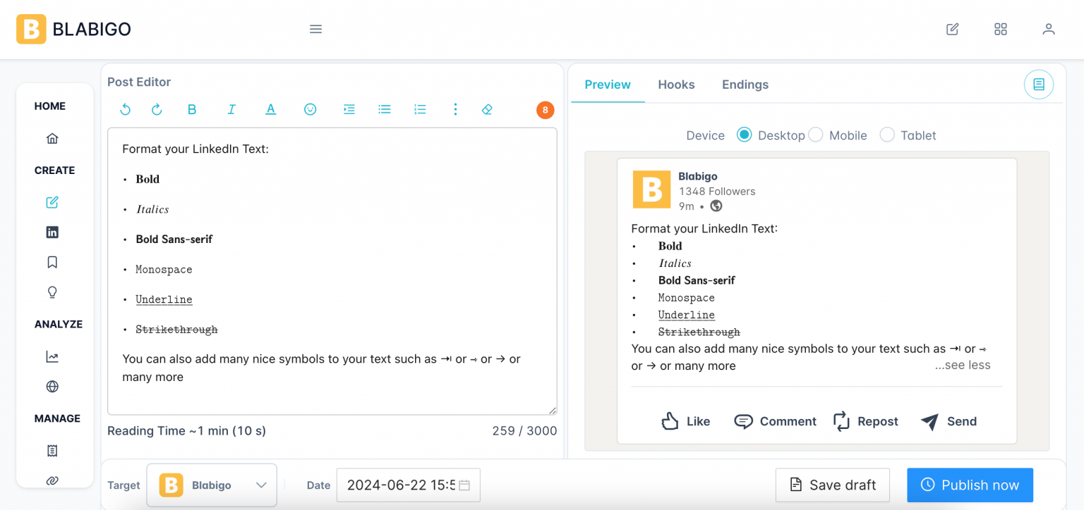 How to bold text in LinkedIn post - Blabigo